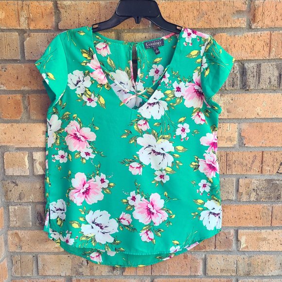 Luxology | Tops | Luxology Womens Top Blouse Short Sleeves Green Floral ...